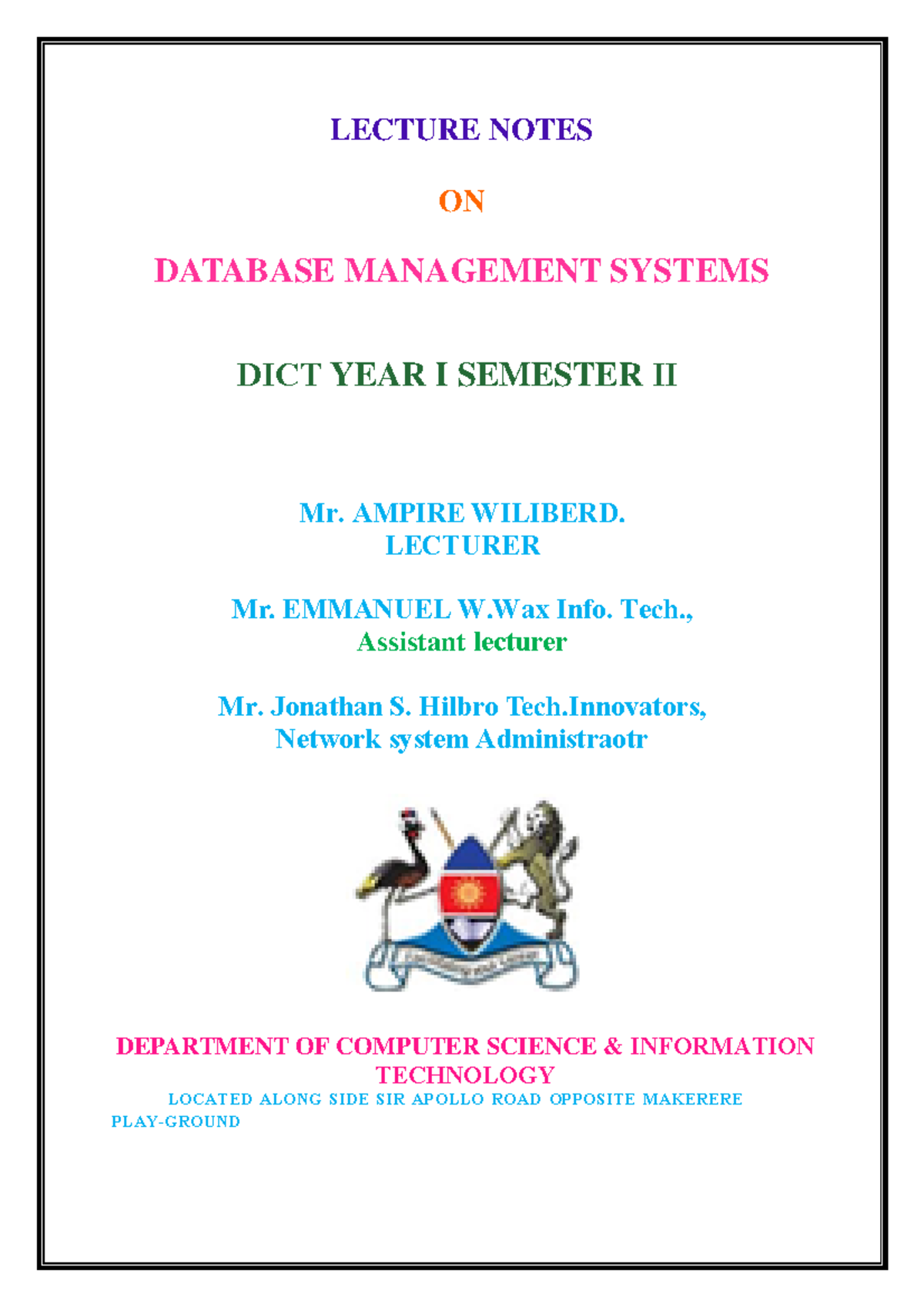Database Final - ENJOY - LECTURE NOTES ON DATABASE MANAGEMENT SYSTEMS ...
