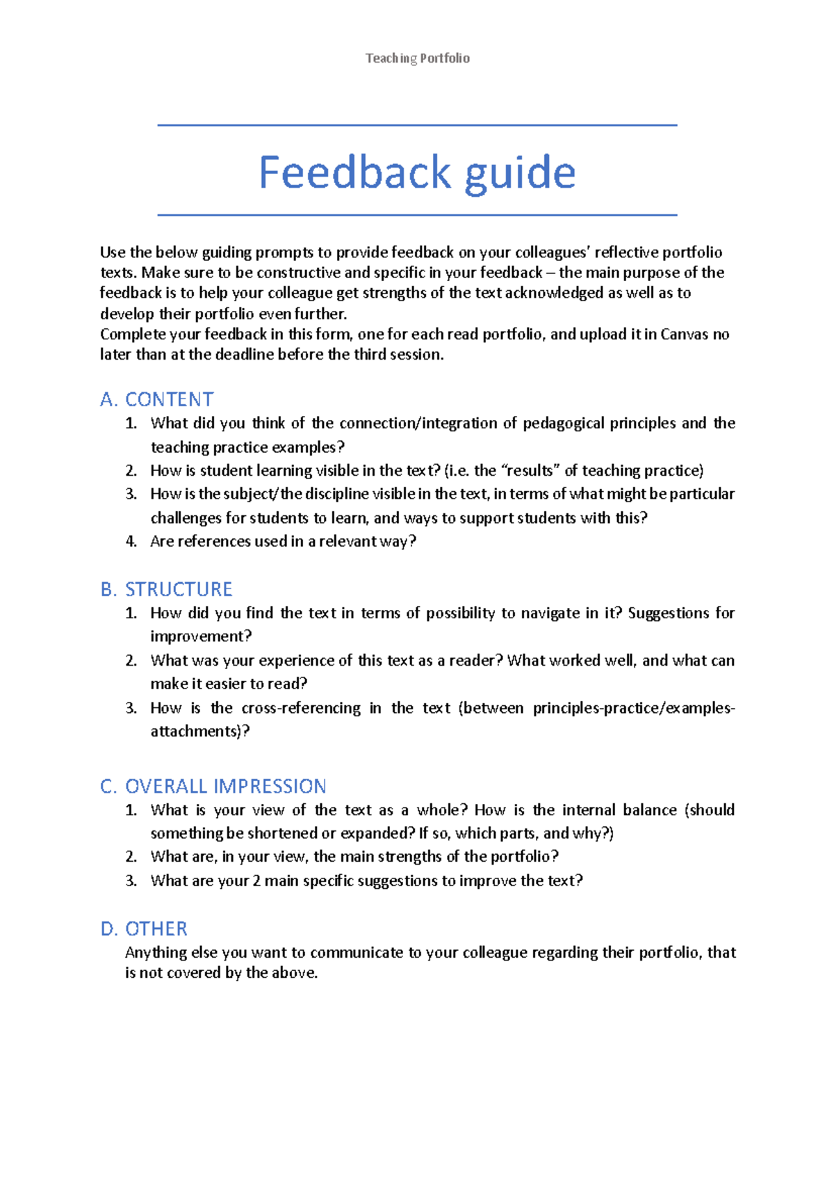 Feedback guide 2 - Teaching Portfolio Feedback guide Use the below ...
