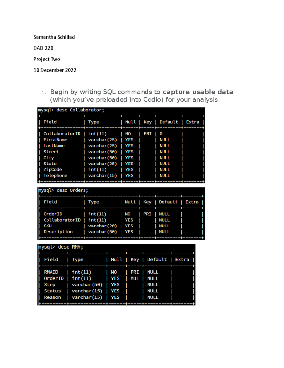 Project 2 DAD220 - Samantha Schillaci DAD 220 Project Two 10 December 2022 Begin by writing SQL ...