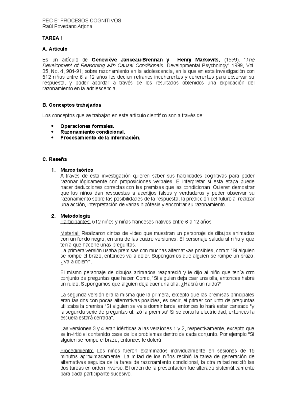 PEC B Entrega - Psicología del desarrollo II 2018 - Raúl Povedano Arjona TAREA 1 A. Articulo Es ...