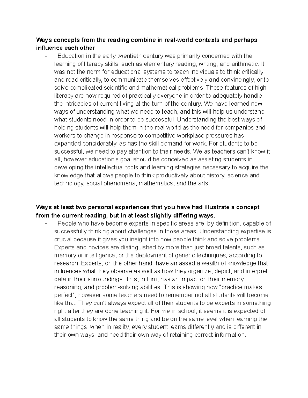 TE reflection 1 -2 - In class writing assignments, perfect example of ...