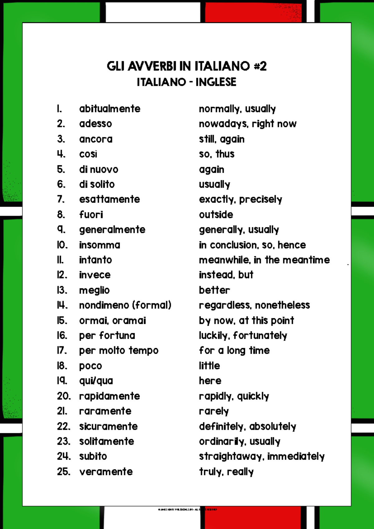 Italian Adverbs LIST Freebie 2 - FLAG Background - © JAMES HENRY ...
