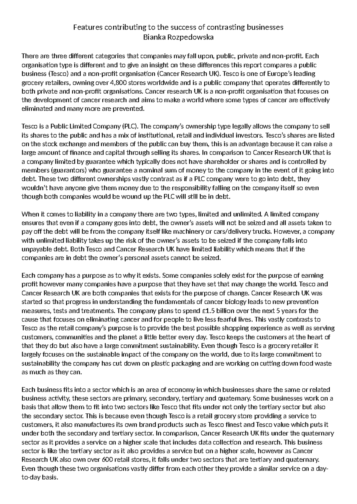 Unit 1 Assignment 1 Features Contributing To The Success Of Contrasting Businesses Bianka