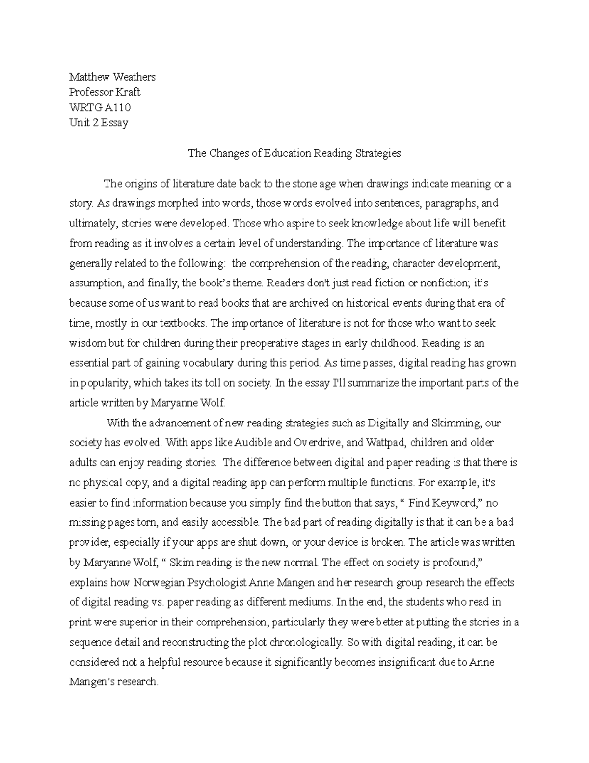 Unit 2 Final - The 2nd essay - Matthew Weathers Professor Kraft WRTG A ...