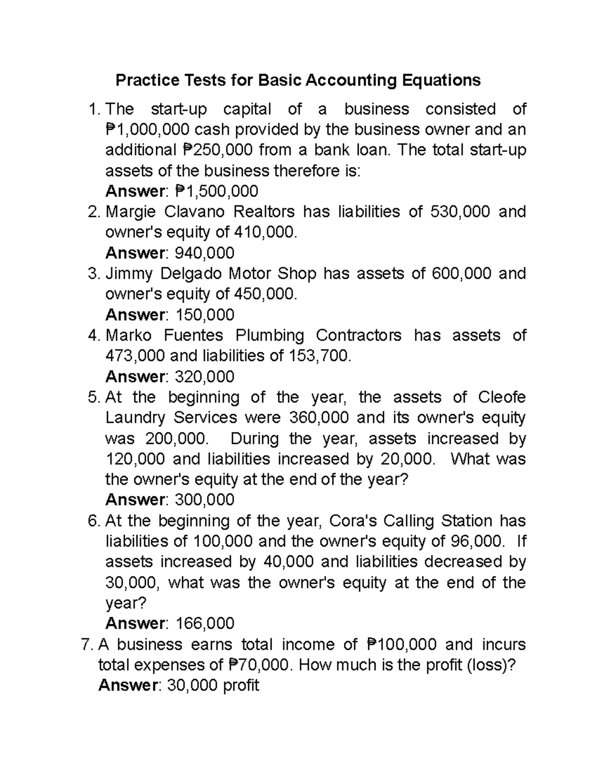 Practice Tests For Basic Accounting Equations With Solution