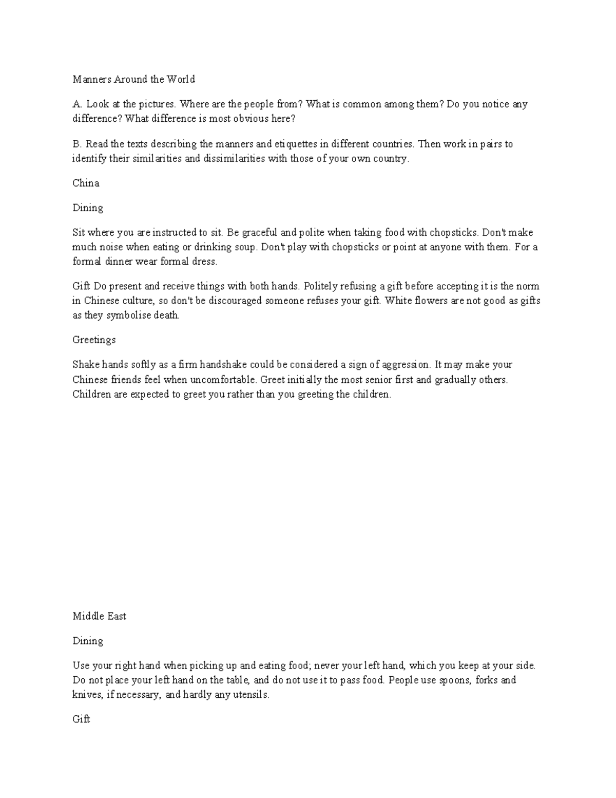 New Microsoft Word Document - Manners Around the World A. Look at the ...