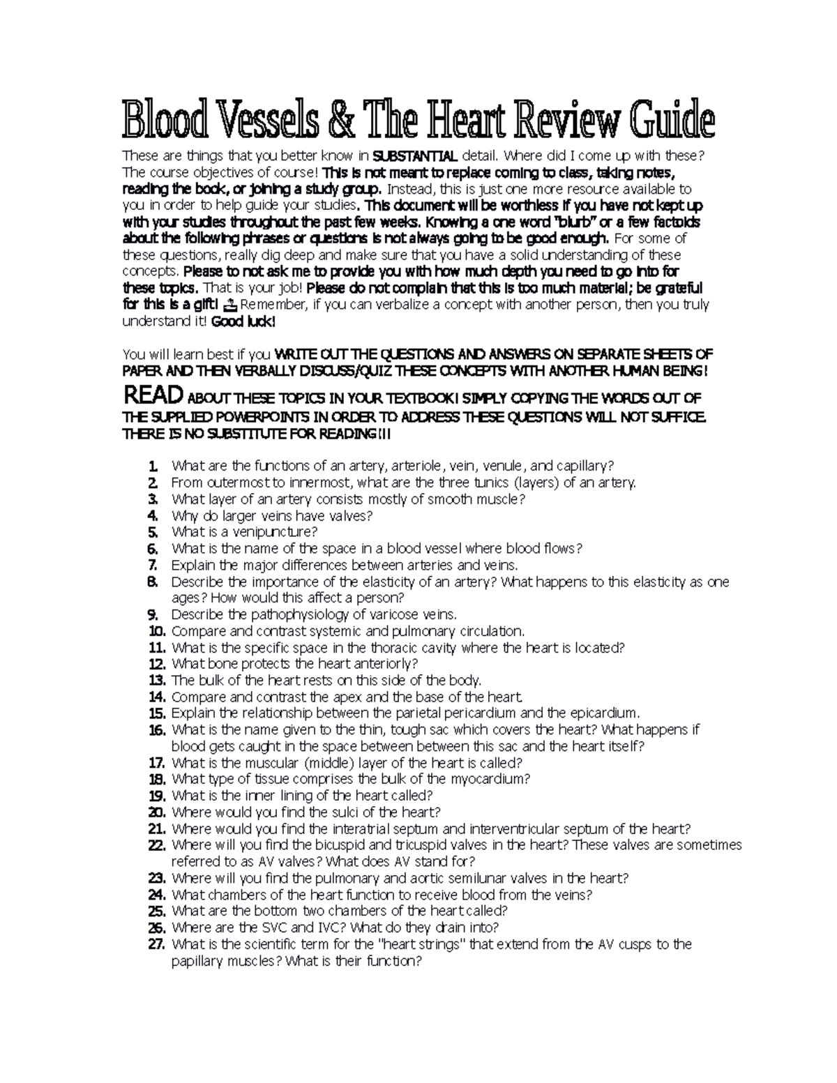Module 3 Blood Vessels & The Heart Review Guide - These are things that ...