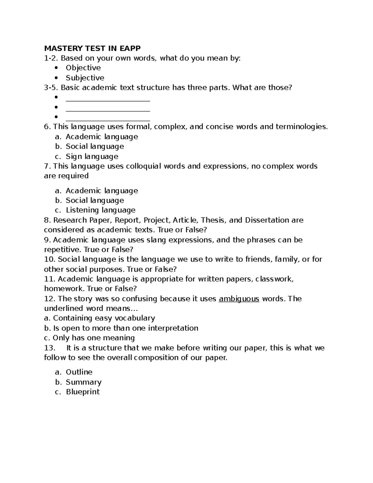 Mastery TEST IN EAPP - English for Academic and Professional Purposes ...