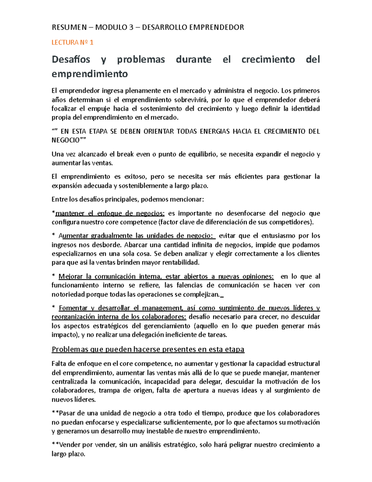 Desarrollo Emprendedor - Resumen Modulo 3 - Lecturas 1 - 2 - 3 - 4 - RESUMEN – MODULO 3 ...