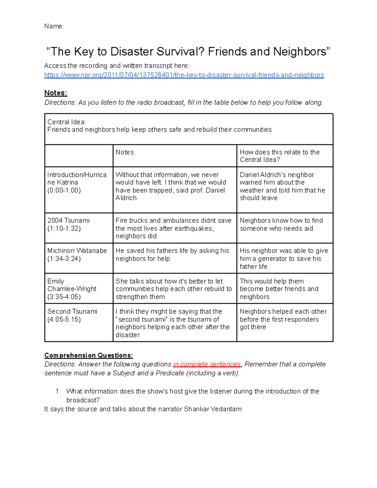 Copy of The Key to Disaster Survival Notes and Questions - Name: “The ...