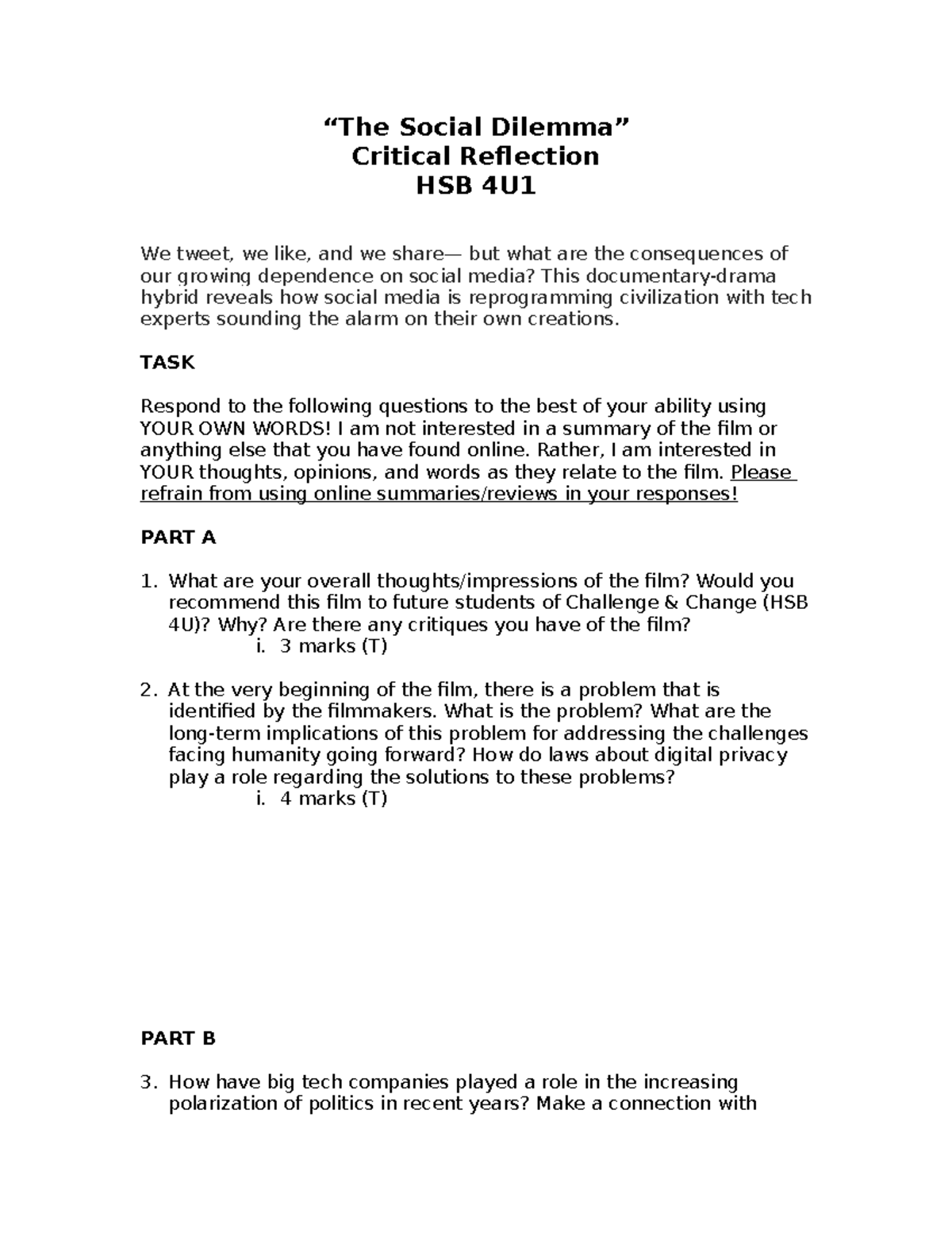 HSB 4U - The Social Dilemma - Critical Reflection - “The Social Dilemma ...