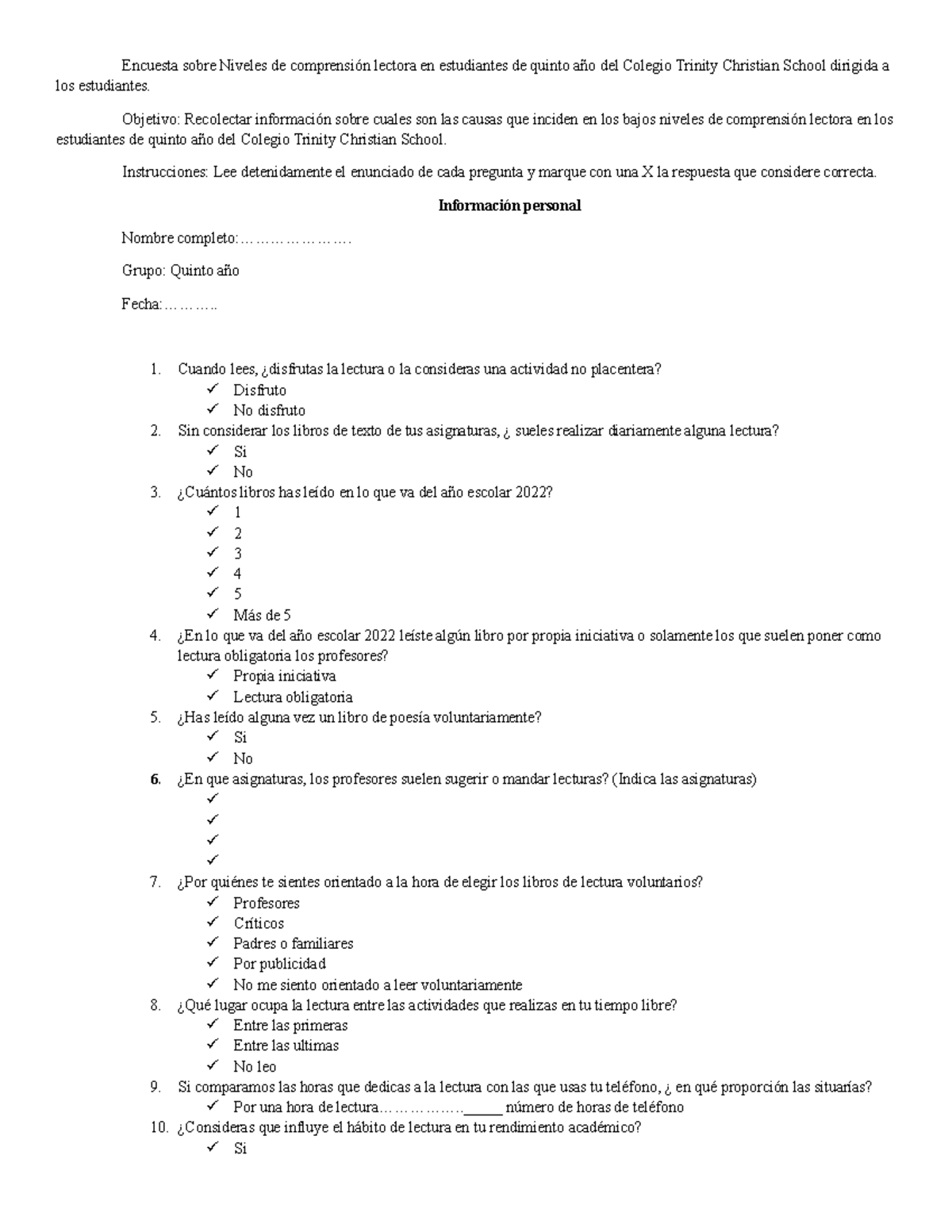 Encuesta estudiantes - Encuesta sobre Niveles de comprensión lectora en ...