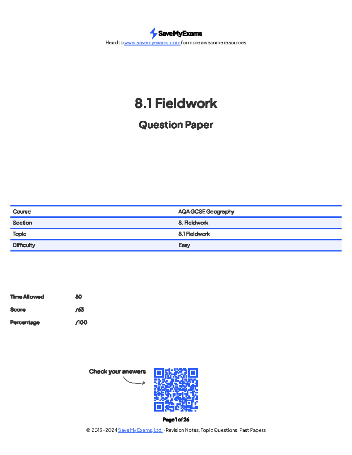 Fieldwork 2 - practice qs - 8 Fieldwork Question Paper Course AQA GCSE ...