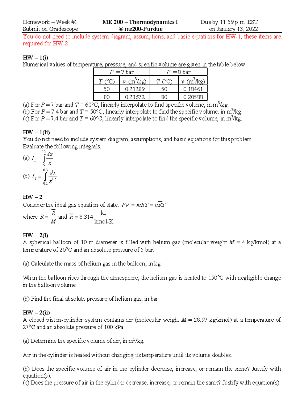 HW1-2 - Spring 2023 HW 1-2 - Homework – Week #1 ME 200 – Thermodynamics ...