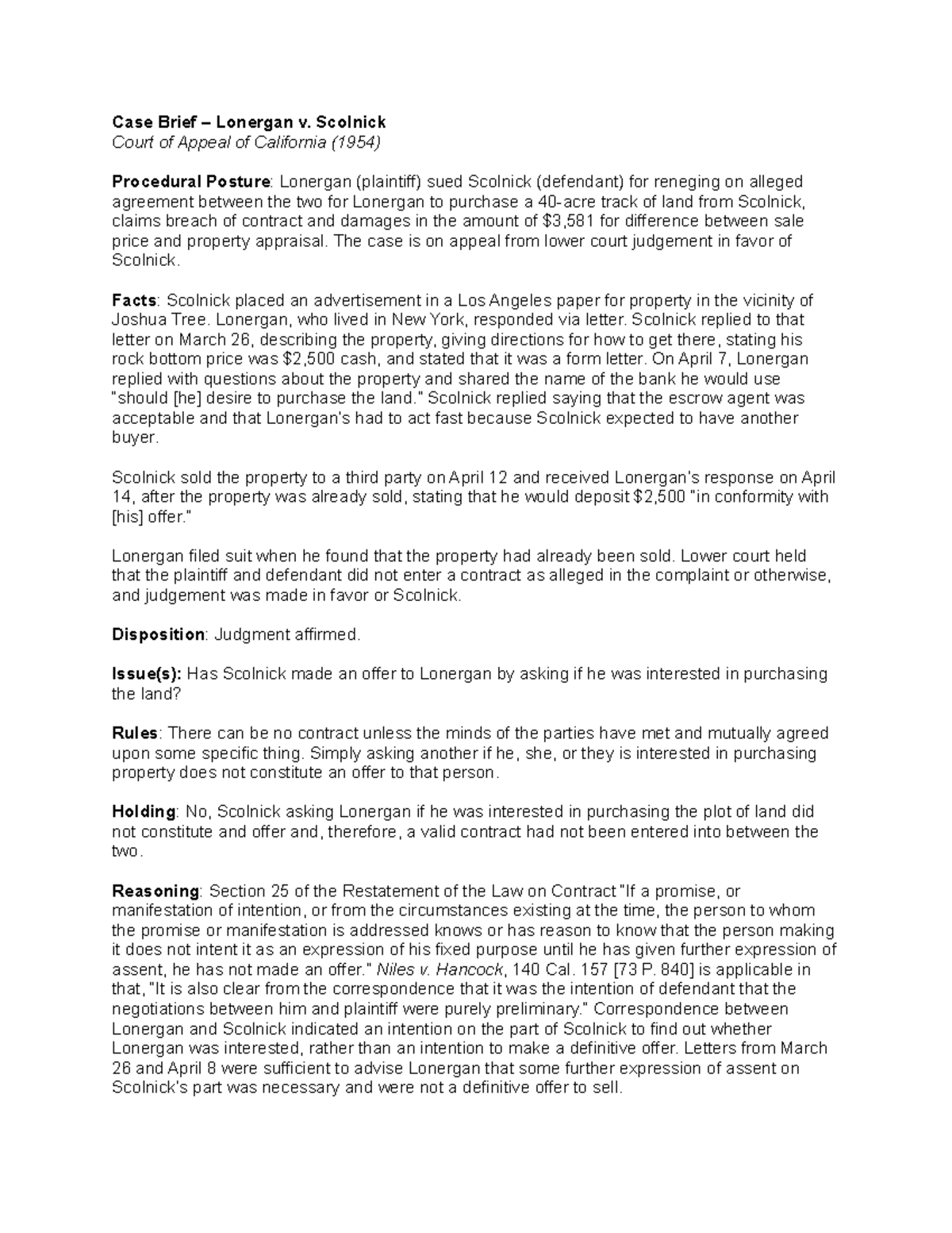 Case Brief for 8:31 - Lonergan v. Scolnick (1954) - Case Brief ...