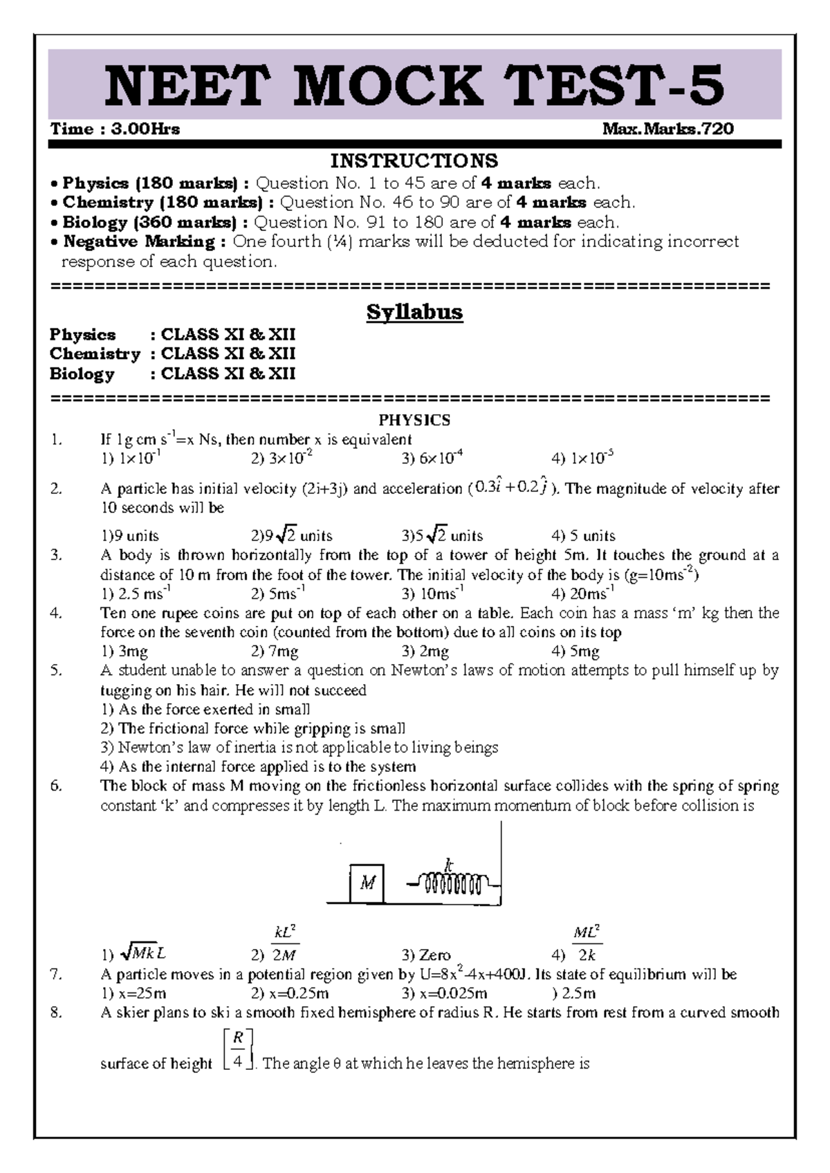 MOCK TEST-5 QP - Practice Question Paper - NEET MOCK TEST- Time : 3 Max ...