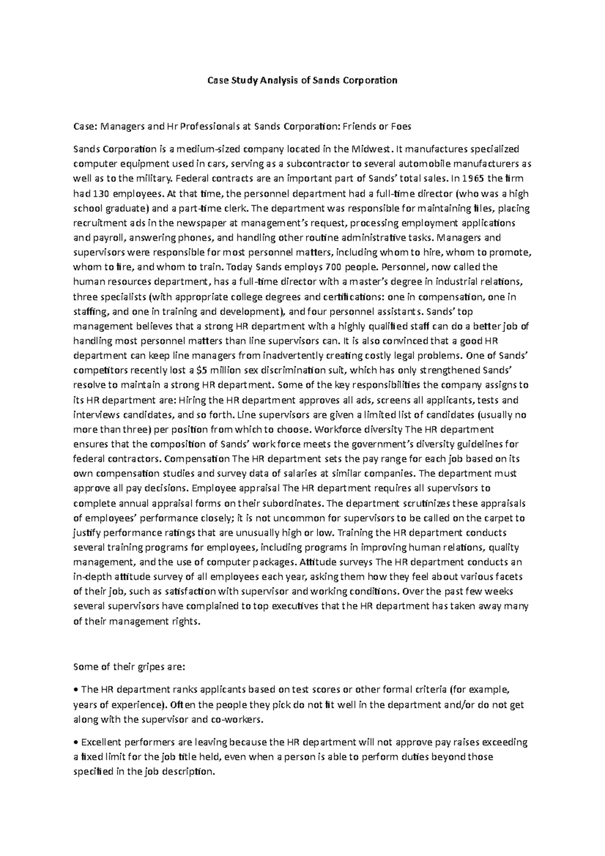 Case-3 Sands Corporation - Case Study Analysis of Sands Corporation Case: Managers and Hr - Studocu