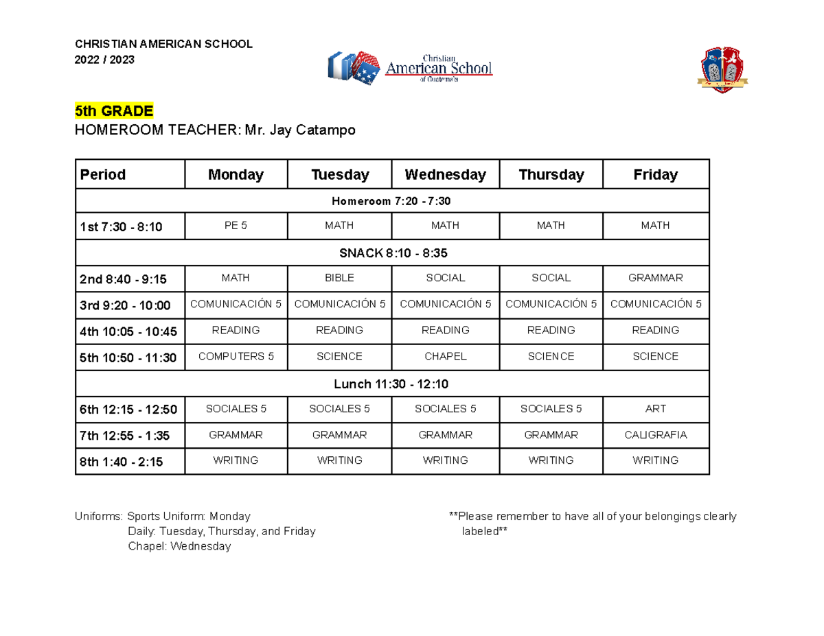 Preschool and Elementary Schedule 22 23 - 2022 / 2023 5th GRADE ...