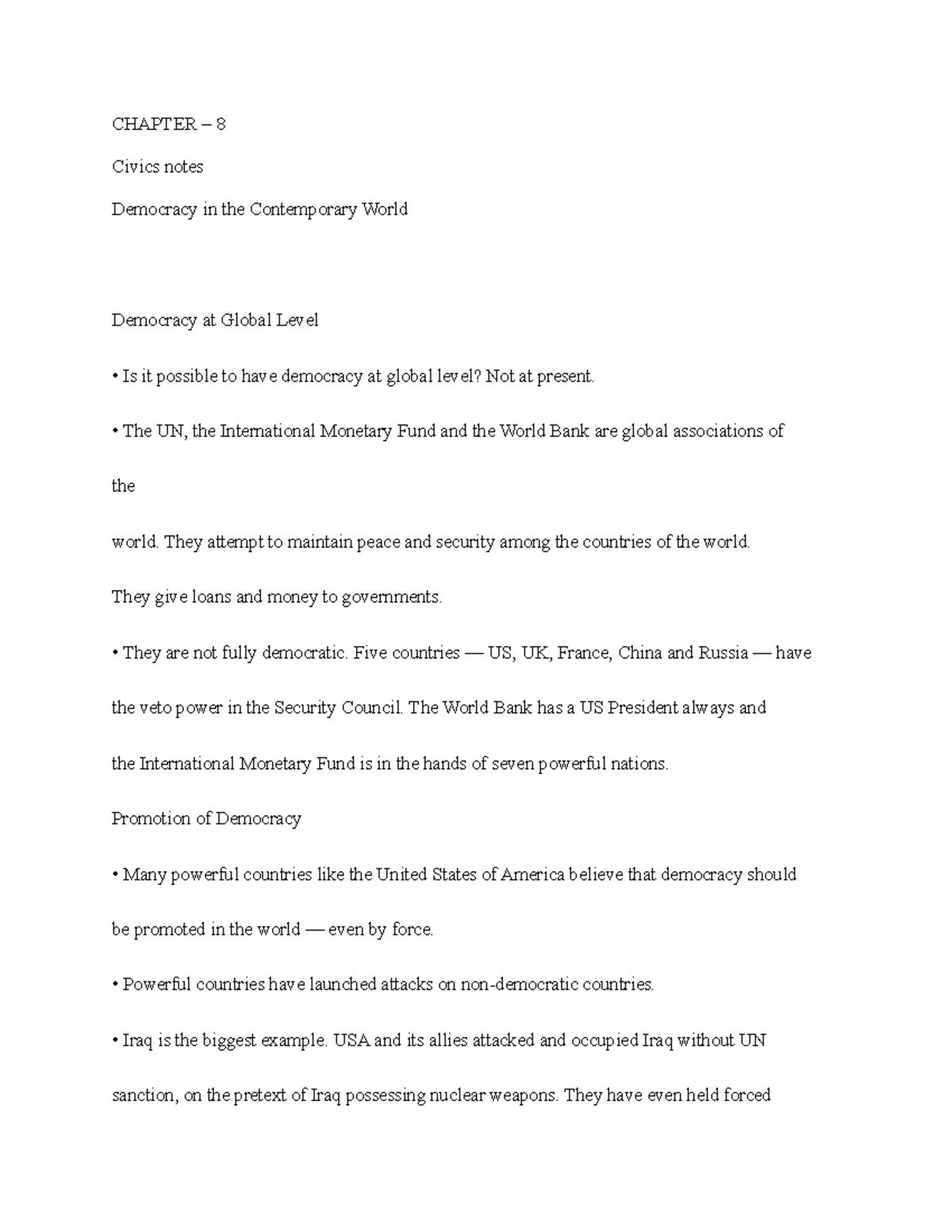 Chapter – 1 Civics Notes 2 - CHAPTER – 8 Civics notes Democracy in the ...