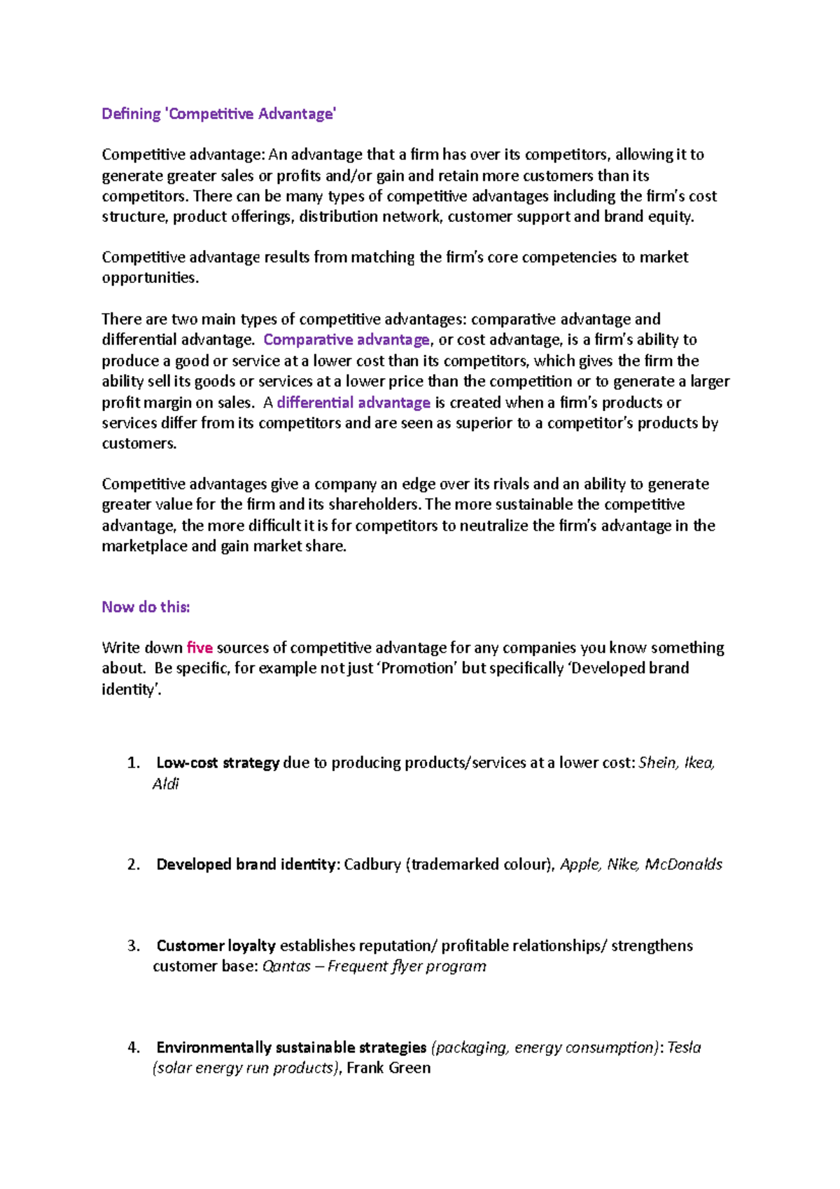 Class activity - Defining 'Competitive Advantage' - Defining ...