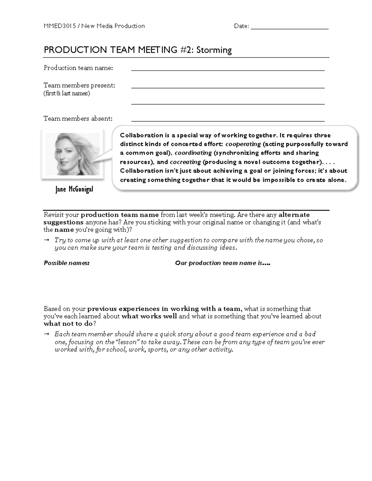 Production Team Meeting 2-MMED3015 - MMED3015 / New Media Production ...