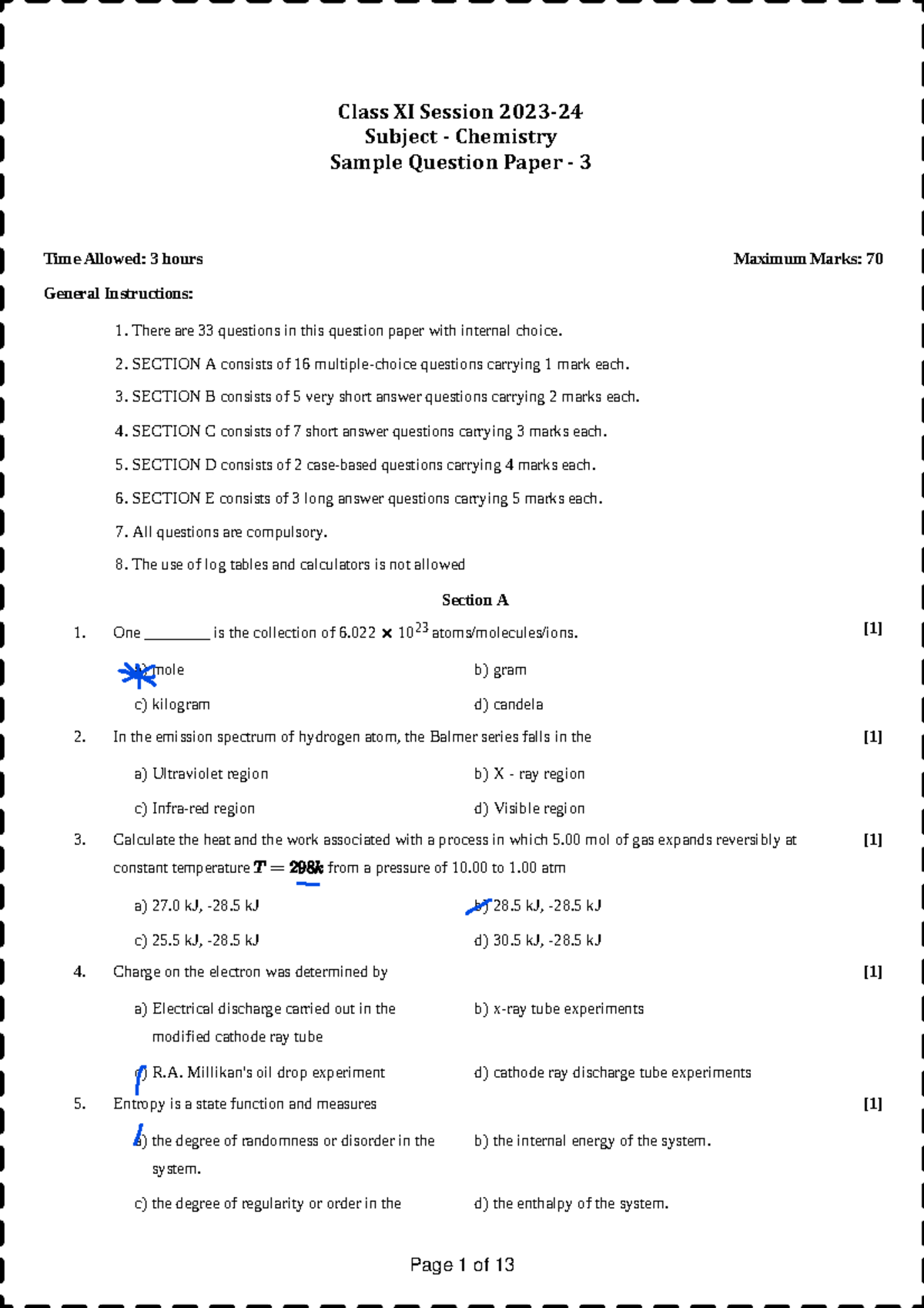 Chem SP-3 Sol's - dsfd - Time Allowed: 3 hours Maximum Marks: 70 General Instructions: 1. There ...