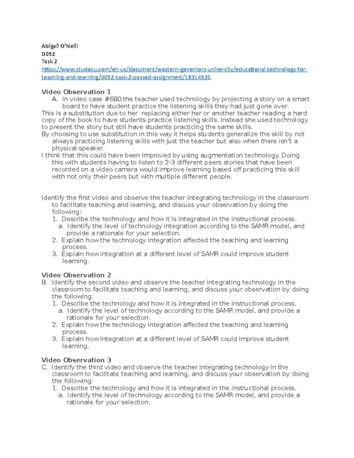 D092 task 2 vidoe observations - Abigail O’Neill D Task 2 - Studocu