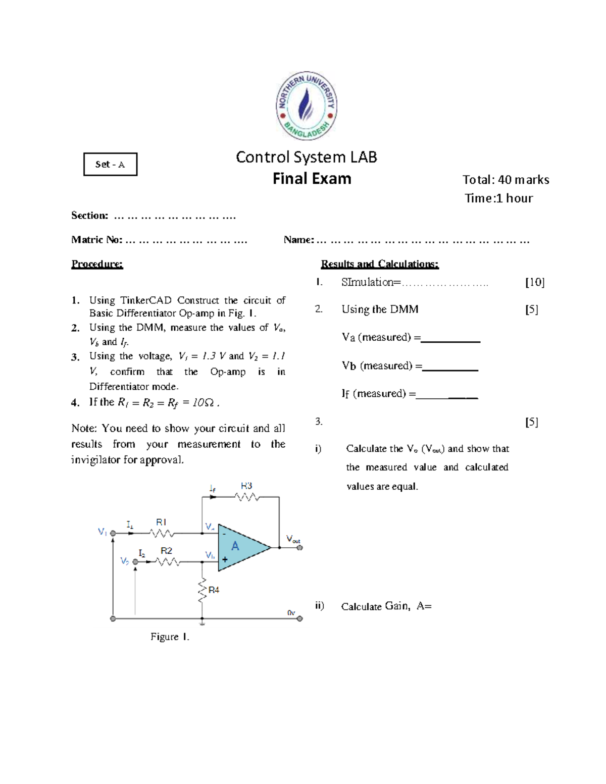 Set A 1 - Control System Lab questions sets (EEE3882) - Section