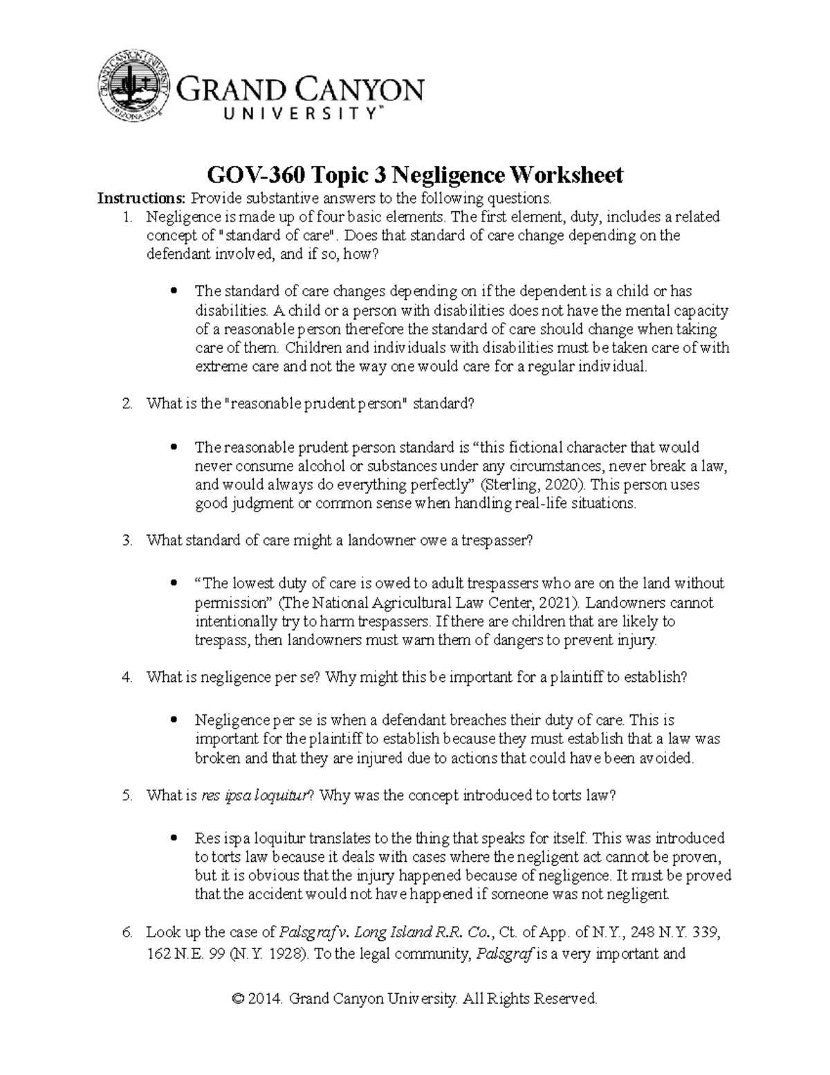 Negligence Worksheet-GOV-360 - GOV-360 Topic 3 Negligence Worksheet ...