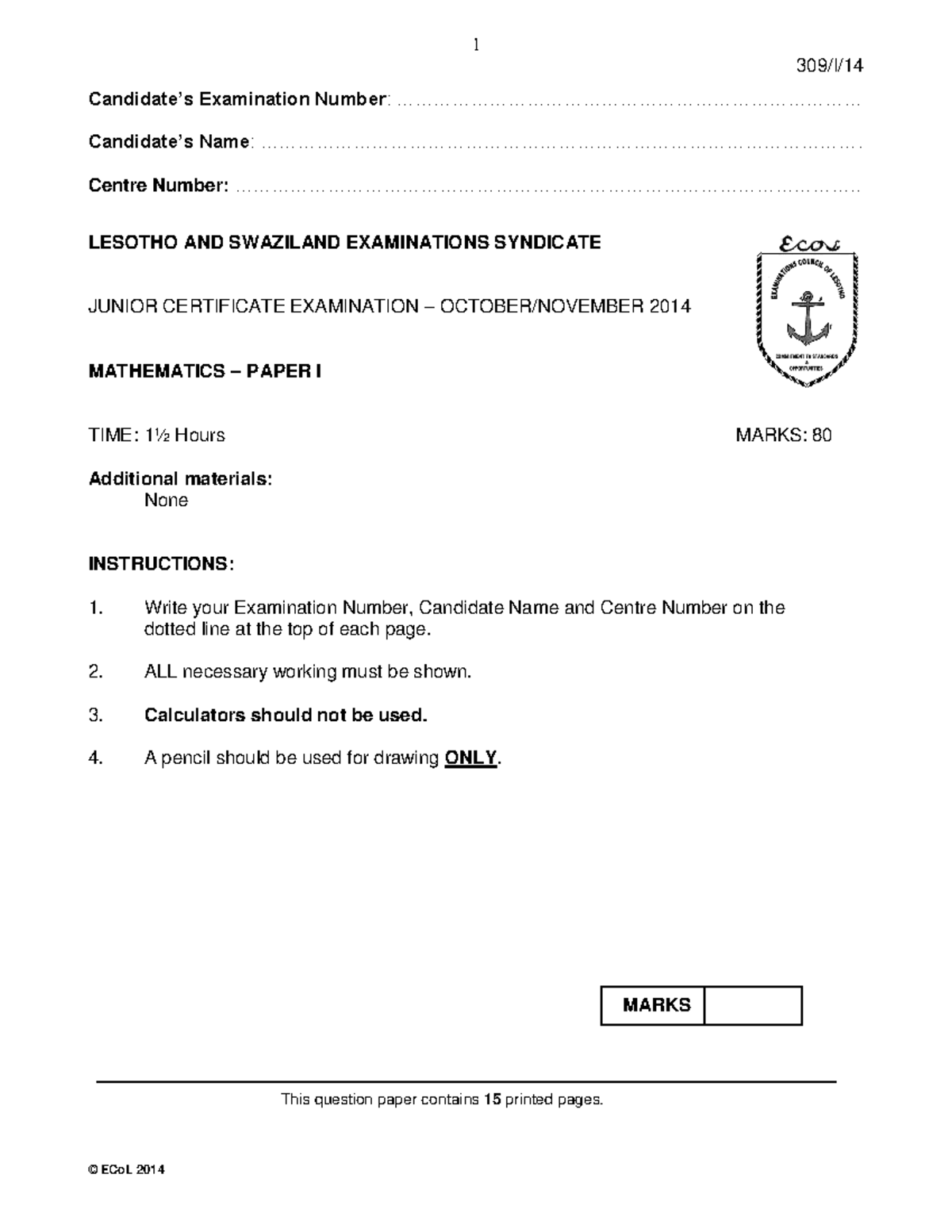 Mathematics – Paper I - TEACHING JOB - 309/I/ Candidate’s Examination ...