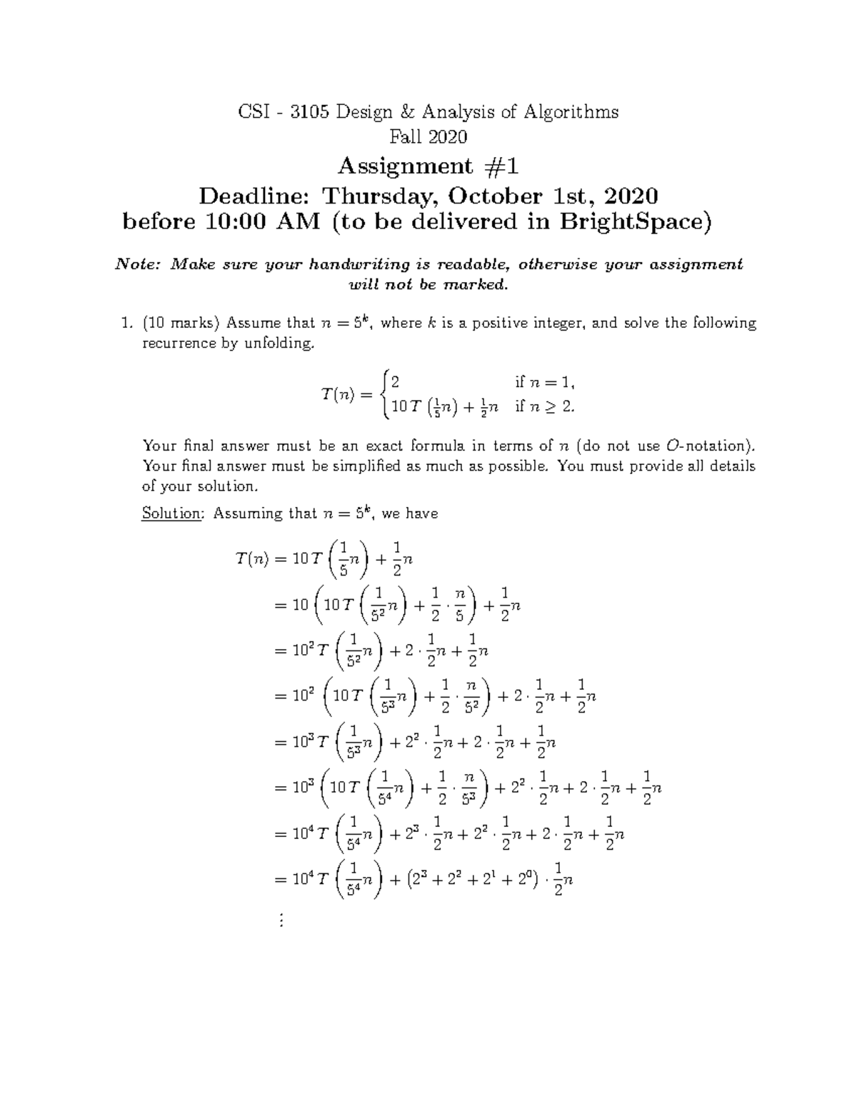 CSI 3105 Fall 2020 Assignment 1 - CSI - 3105 Design & Analysis of Algorithms Fall 2020 - Studocu
