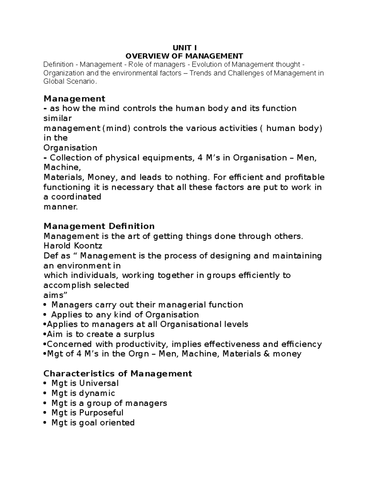 UNIT I overview - hbthbtyhtyhth - UNIT I OVERVIEW OF MANAGEMENT ...