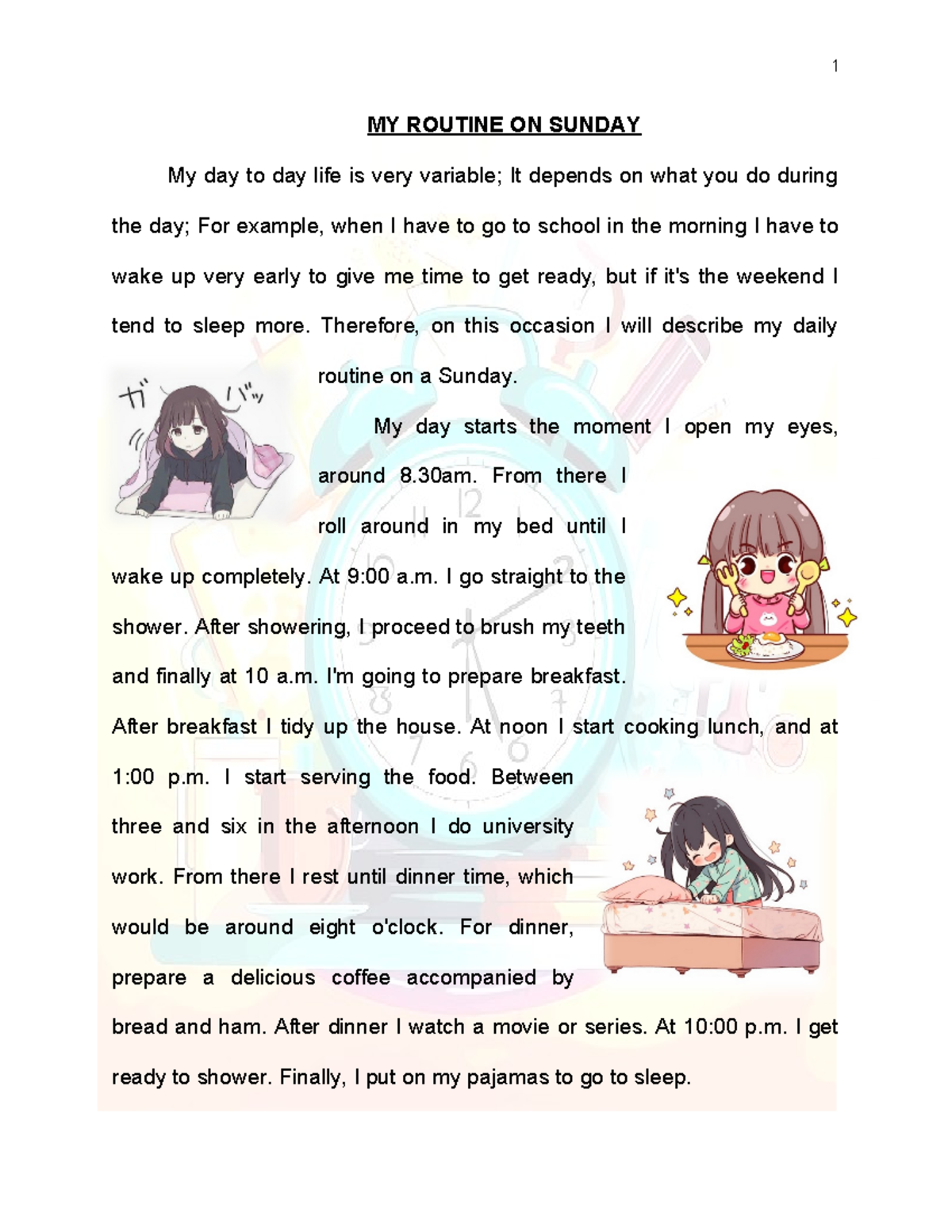 My routine on sunday - describe la vivencia de una estudiante en un día ...