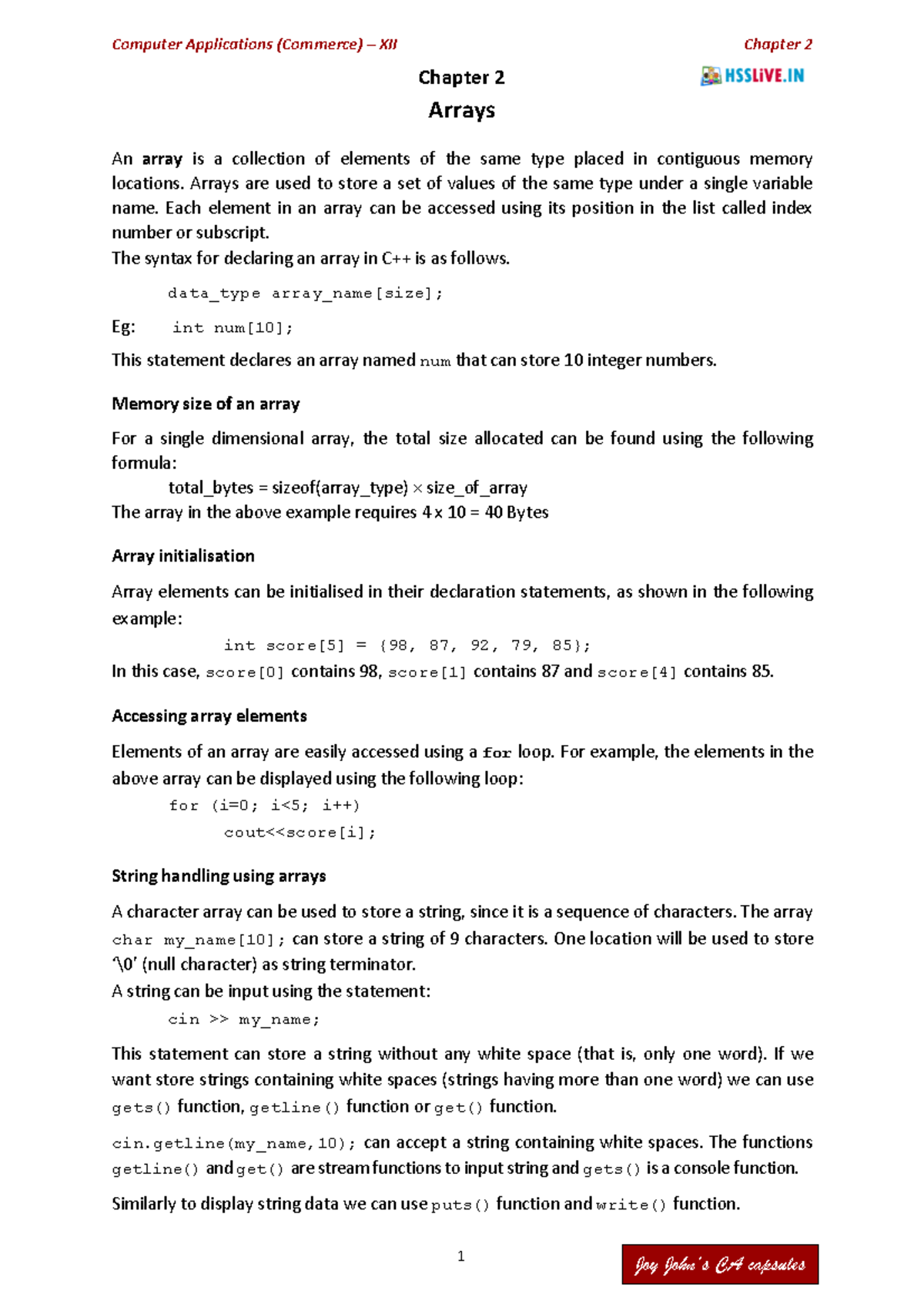 HSSLi VE-XII-CA-Chapter 2-Arrays-Joy-john - Computer Applications (Commerce) ñ XII Chapter 2 1 ...