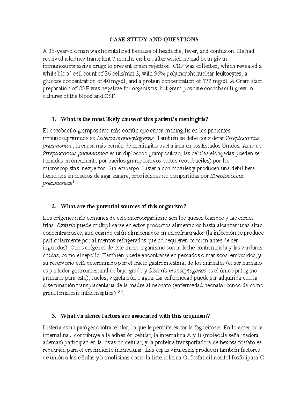 CASE Study AND Questions listeria - CASE STUDY AND QUESTIONS A 35-year ...