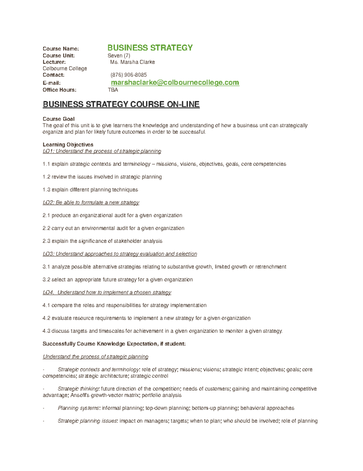 Businessstrategynotes - Course Name: BUSINESS STRATEGY Course Unit ...