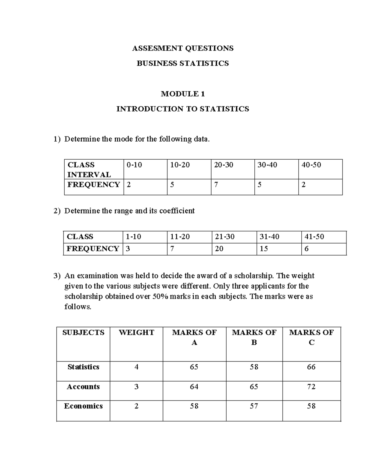 Assesment Questions (stas) - ASSESMENT QUESTIONS BUSINESS STATISTICS MODULE 1 INTRODUCTION TO ...