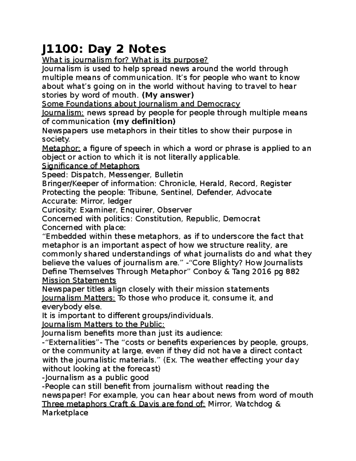 J1100 Day 2 - Prof. Owsley; Journ 1100 - J1100: Day 2 Notes What is ...