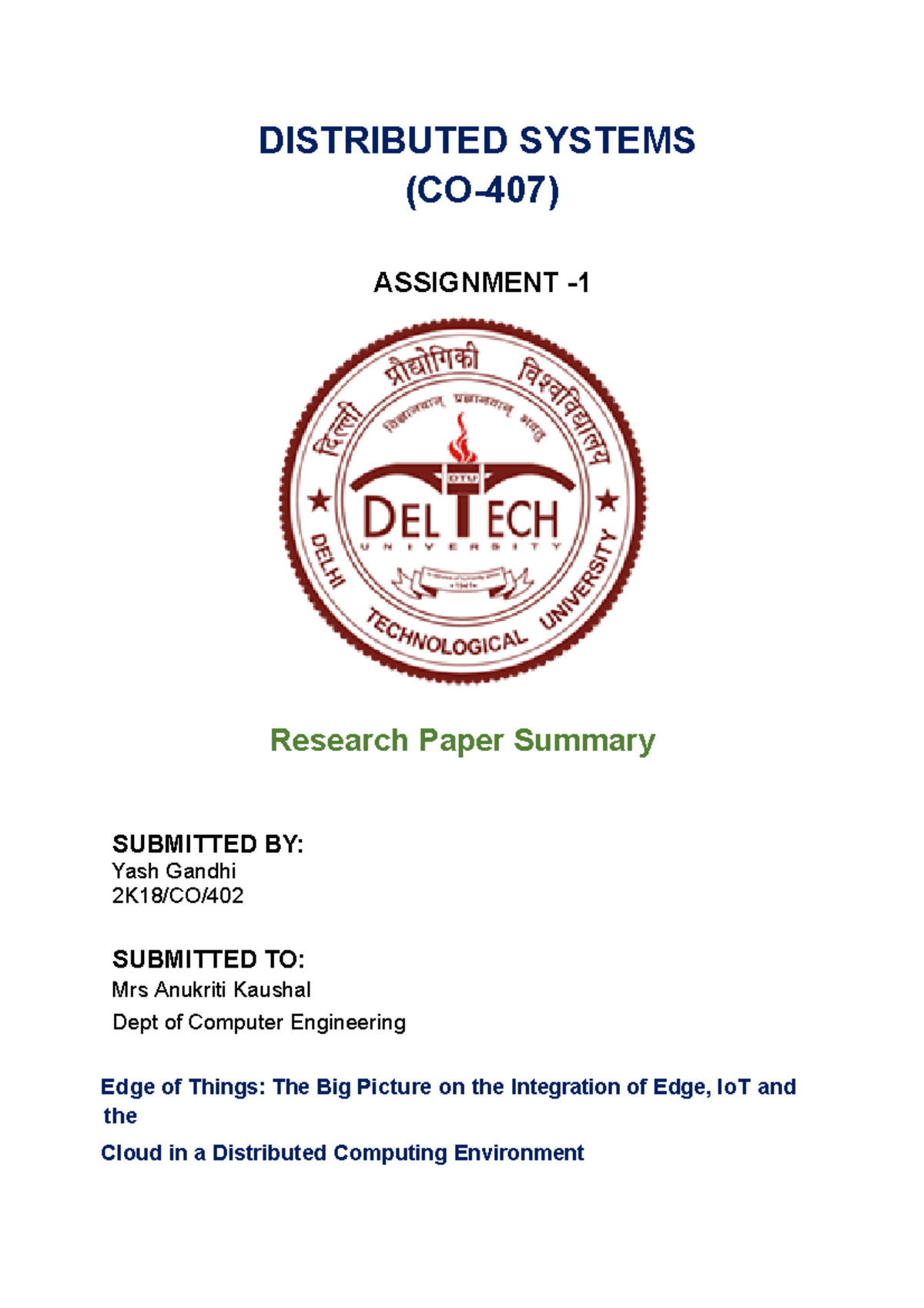 Assignment 1 Distributed Systems Distributed Systems Co 407 Assignment Research Paper