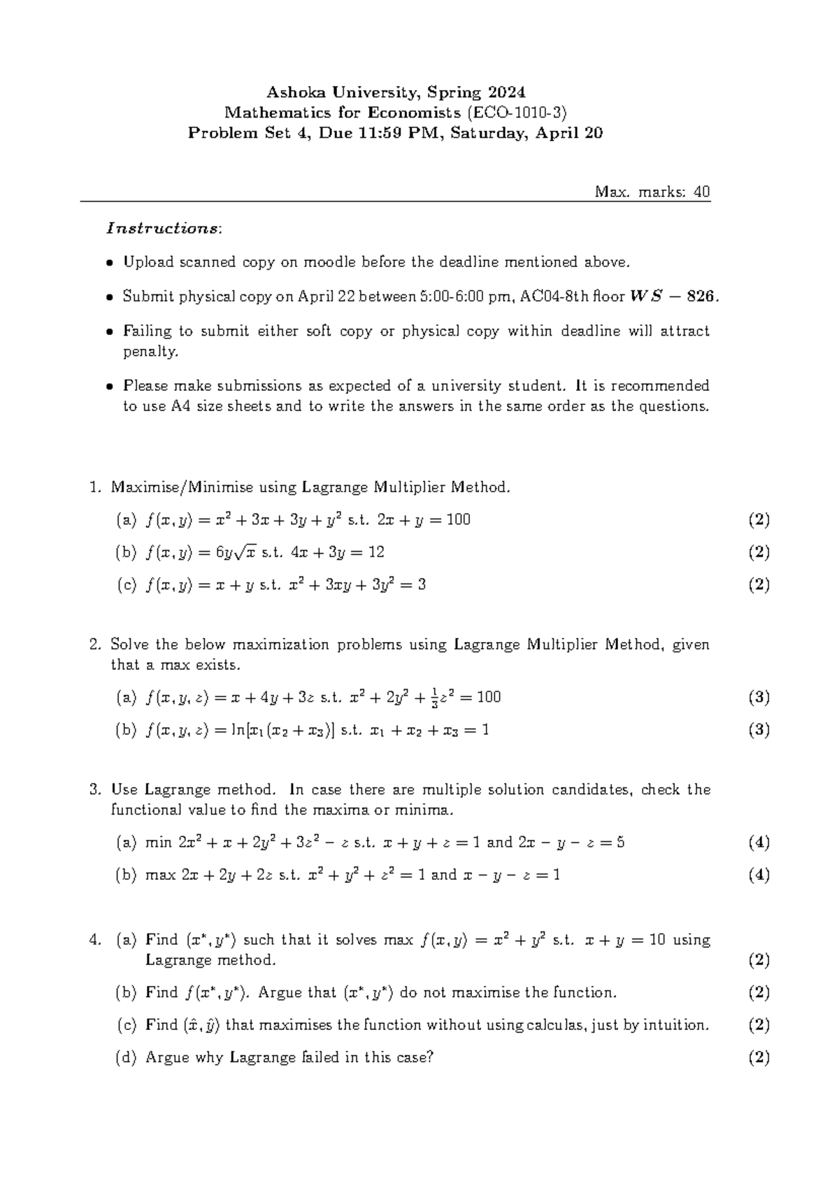 Maths Problem Set 4 - mj po - Ashoka University, Spring 2024 Mathematics for Economists (ECO ...