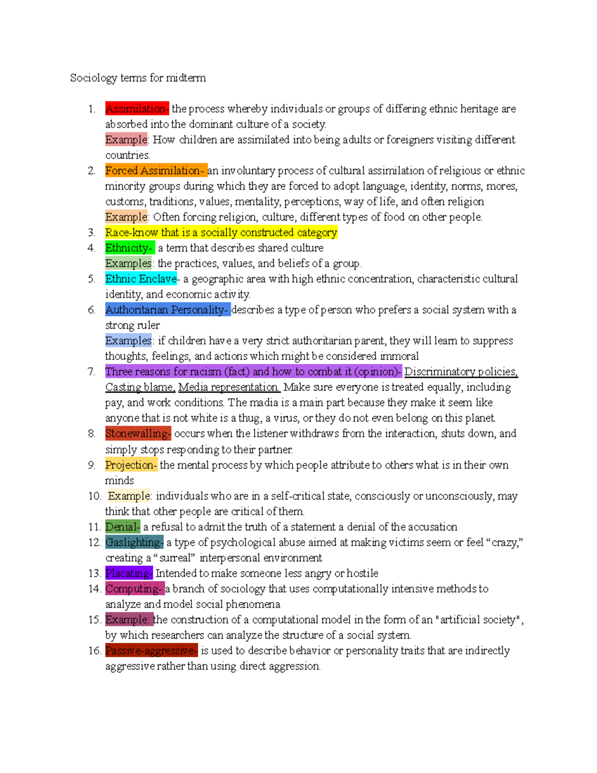 Sociology terms for midterm - Sociology terms for midterm Assimilation ...