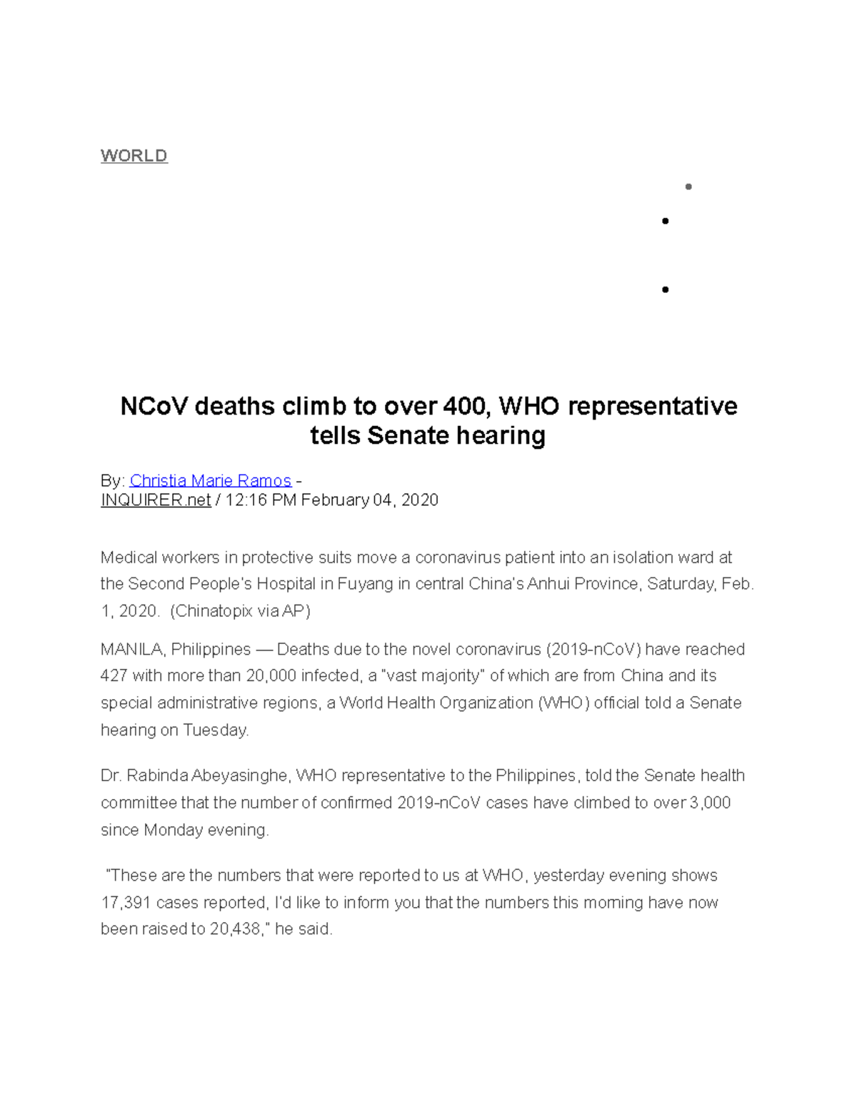 News-article-ncov - NEws article - WORLD NCoV deaths climb to over 400 ...