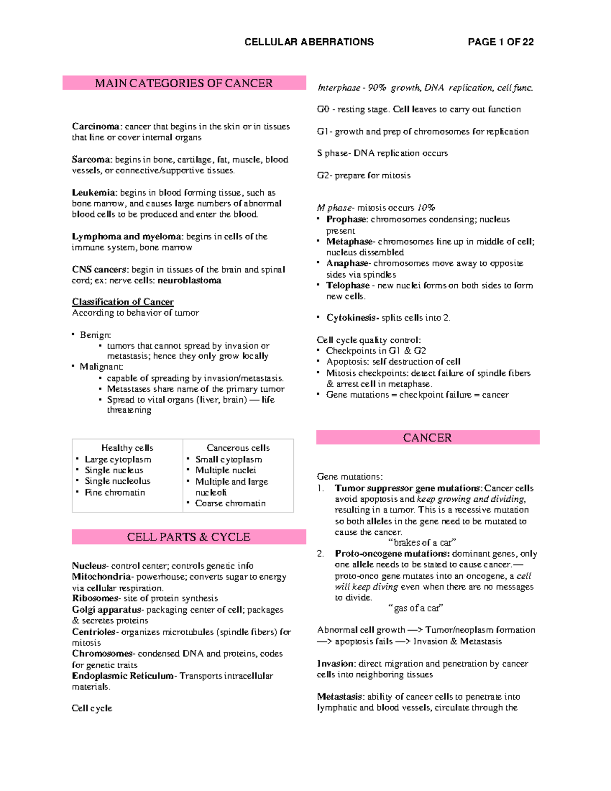 Cellular Aberrations Notes - MAIN CATEGORIES OF CANCER Carcinoma ...