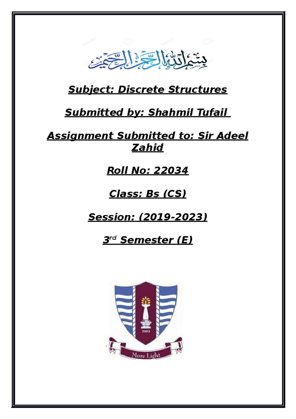 Discrete Structures Assignment 1 - Computer scienec - GCUF - Studocu