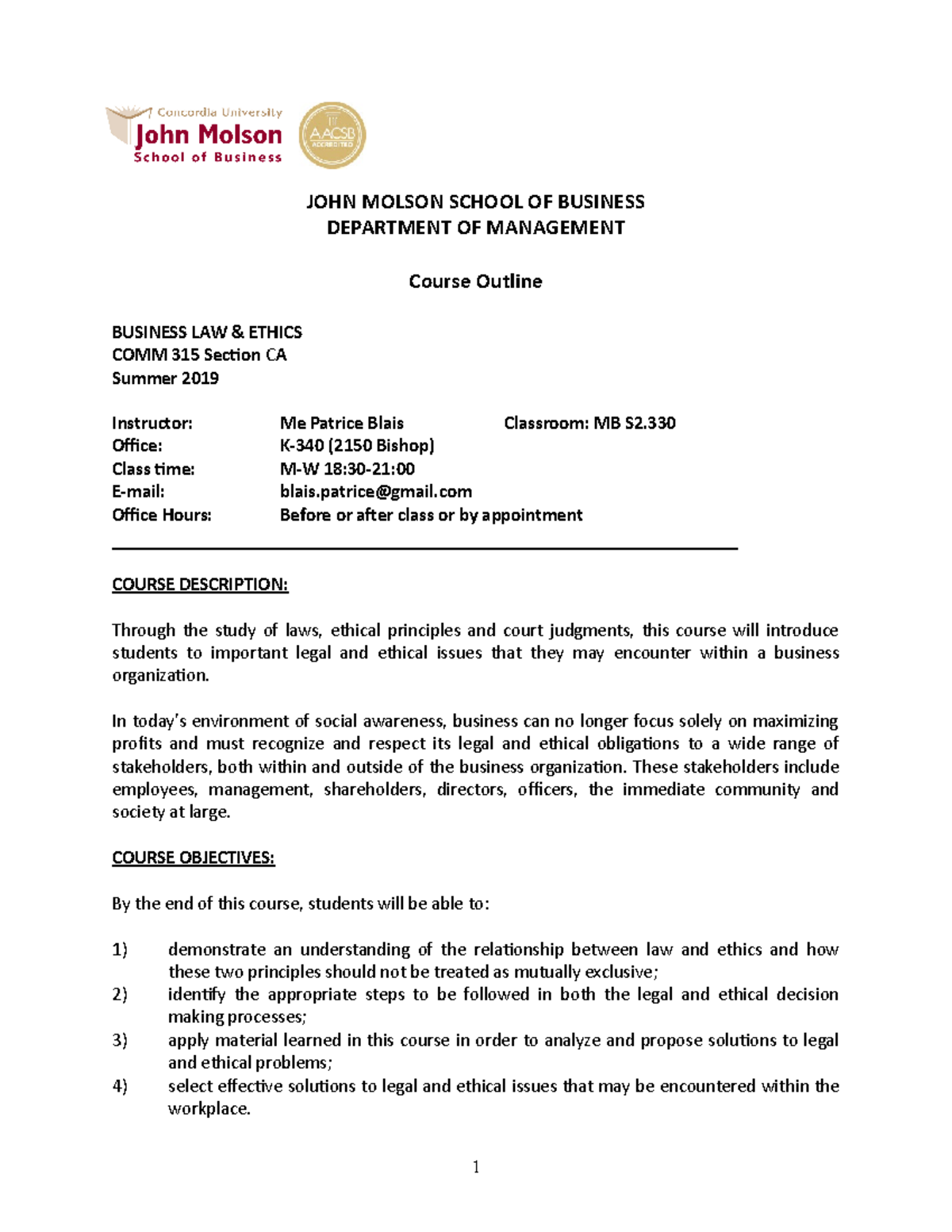 COMM 315 buisness law and ethics syllabus - JOHN MOLSON SCHOOL OF ...