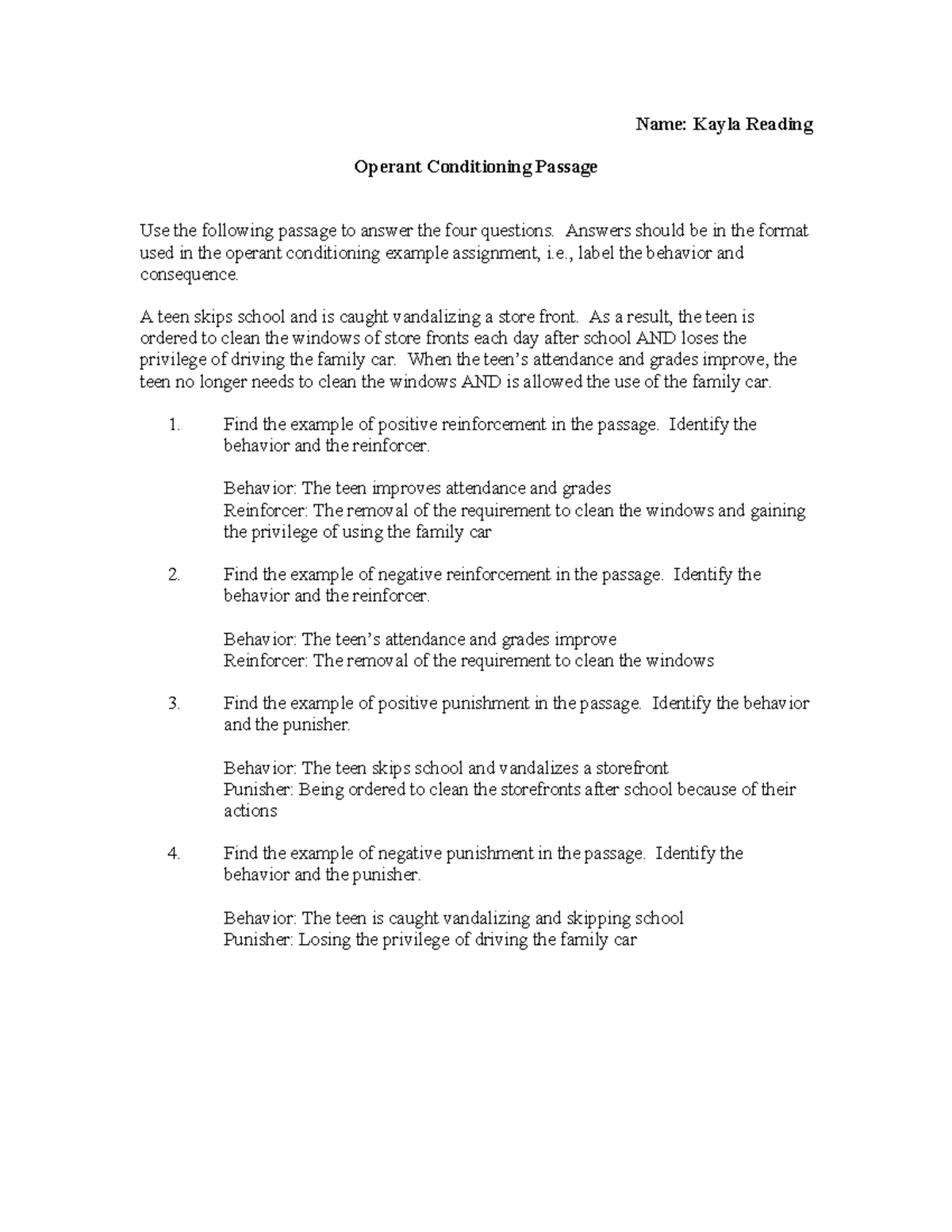 5 Operant Conditioning Passage - Name: Kayla Reading Operant ...