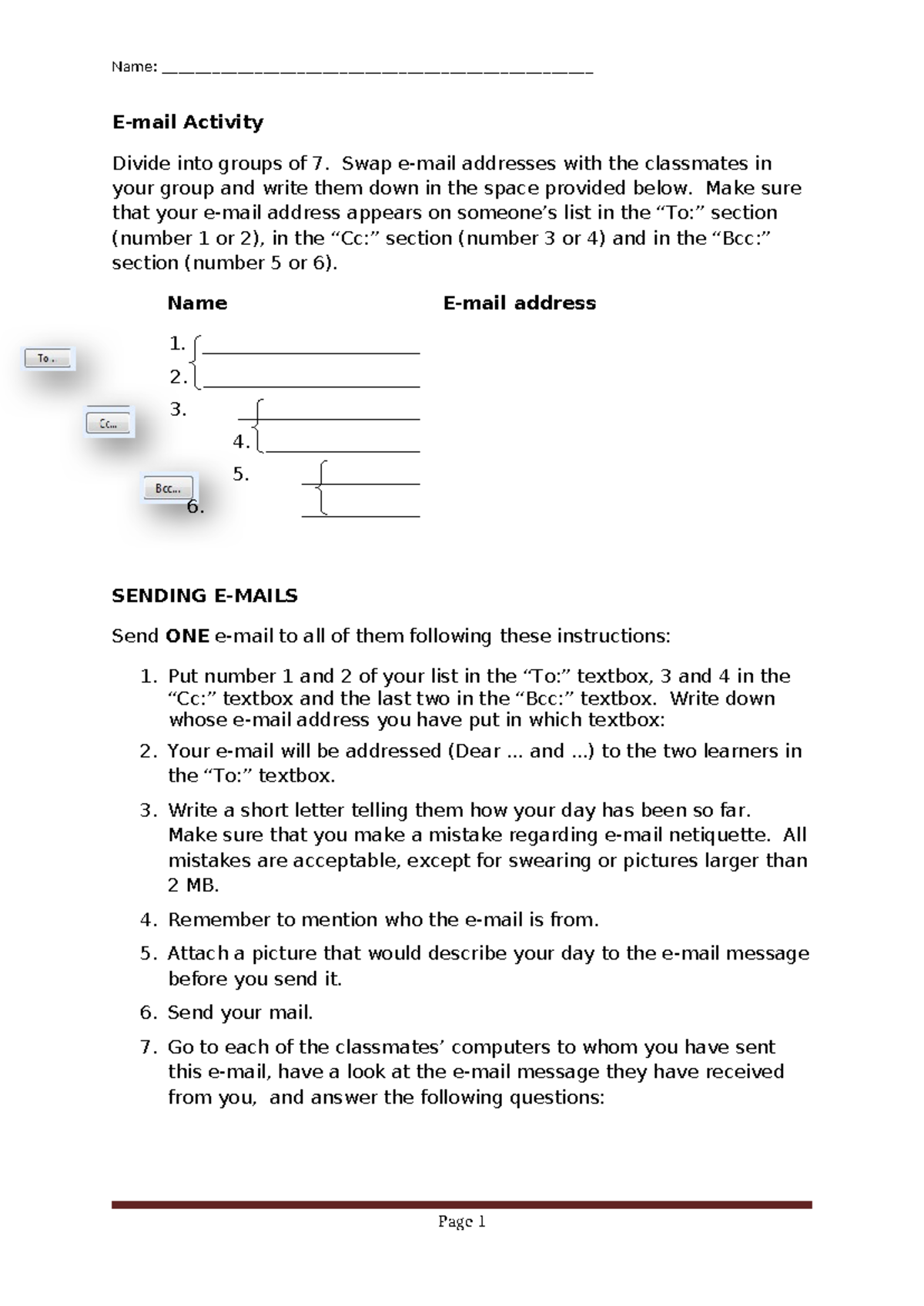 Module 2 4 Worksheet Email - E-mail Activity Divide into groups of 7 ...
