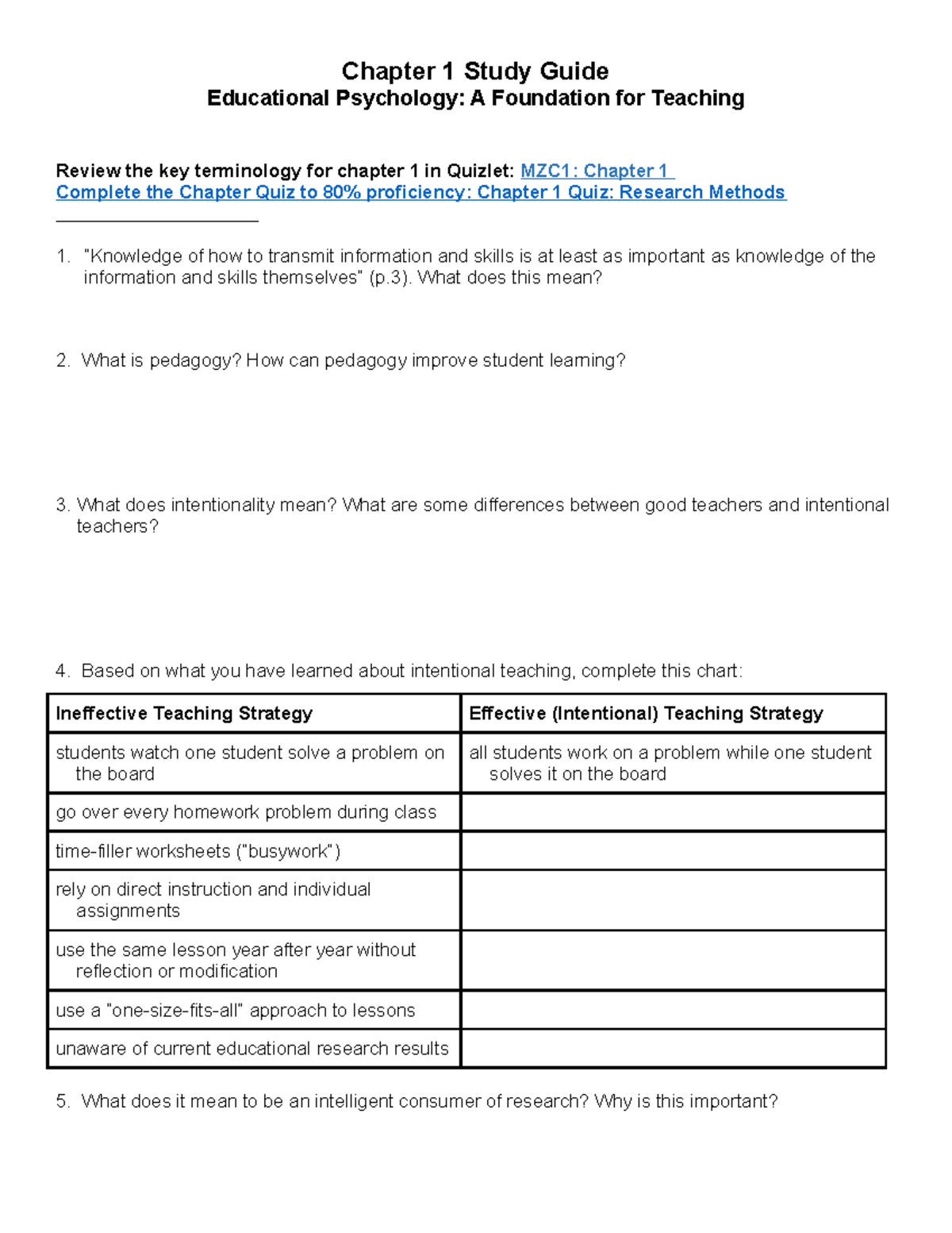 Chapter 1 Study Guide v3 - Chapter 1 Study Guide Educational Psychology ...