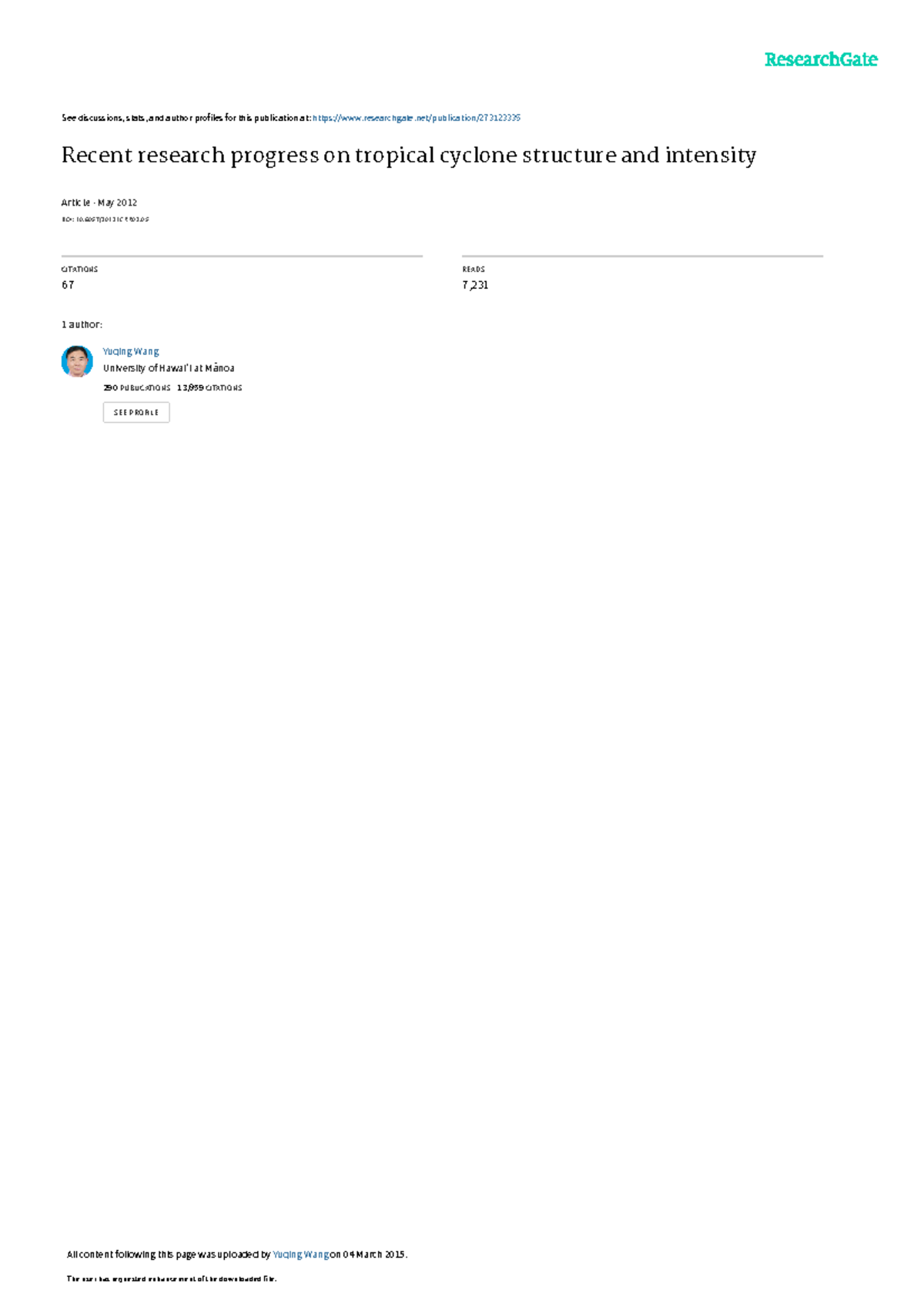 Recent Research Progresson Tropical Cyclone Structureand Intensity ...