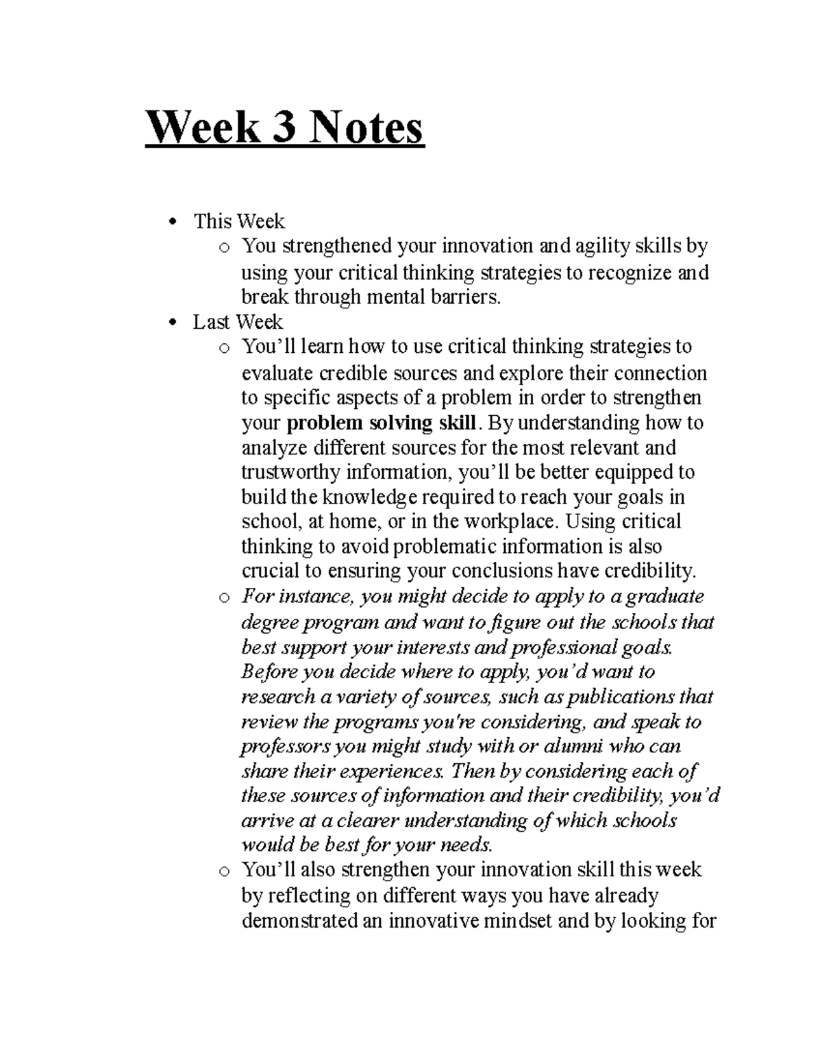 Week 3 Notes - Thinking it Through - Week 3 Notes This Week o You ...